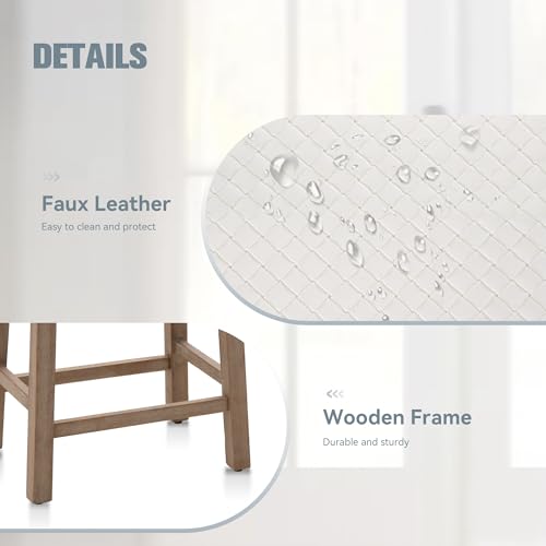 Erste!Bravo White Solid Wood Bar Stools Set of 2 for Kitchen Counter Counter Height Coastal Barstools with Faux Leather Farmhouse Upholstered Stools for 34"-38" Island, Creamy White Cushion, Wood Legs