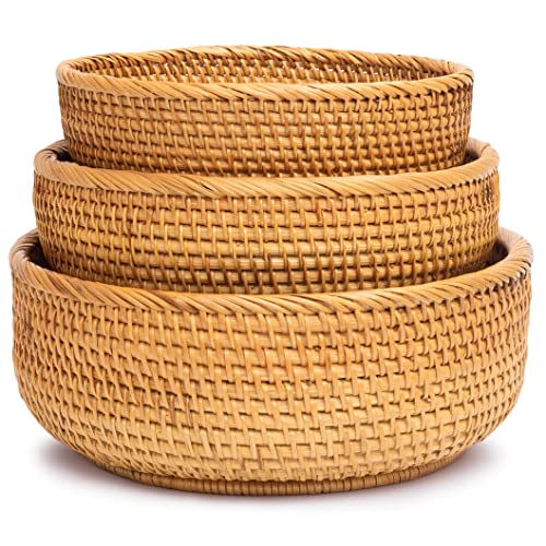 Rattan Basket for Storage Set 3 Small Bread Baskets for Serving Potatoes Onions Container Stackable Fruit Holder for Kitchen Countertop Organizing Bathroom