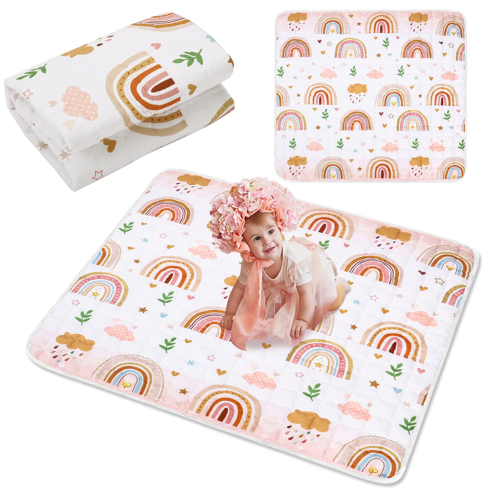 Boho Rainbow Baby Play Mat Portable 43 x 43 Inch Crawling Mat Washable Non Slip Foldable Tummy Time Mat Kids Floor Mat Playpen Mat for Babies Infants Toddlers Floor Playpen Tummy Time Activity