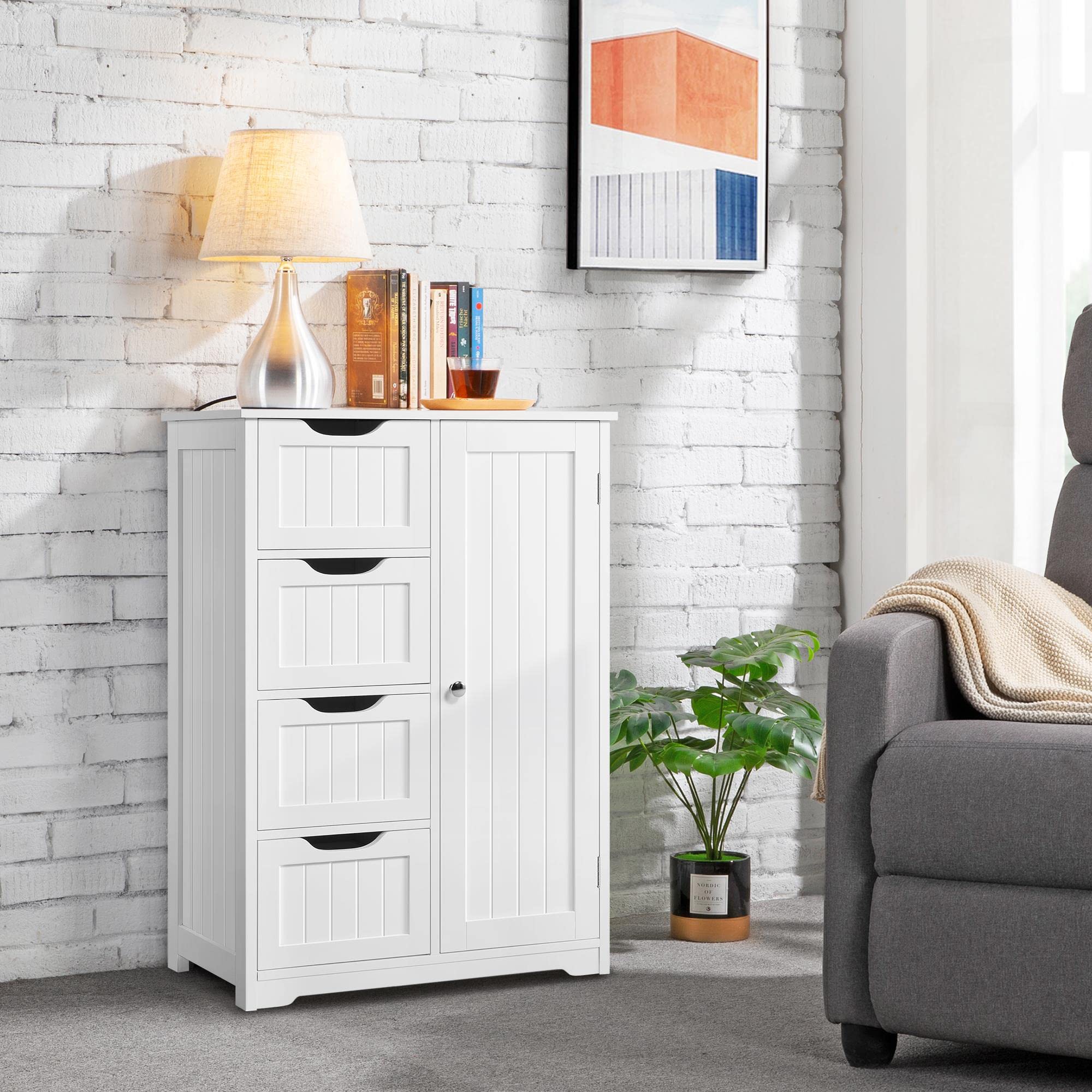 Yaheetech Large Bathroom Floor Cabinet with 4 Dawers and Single Door Cabinet, Freestanding Storage Cabinet Organizer for Bathroom Living Room Hallway, White, 26 x 14 x 35.5 in