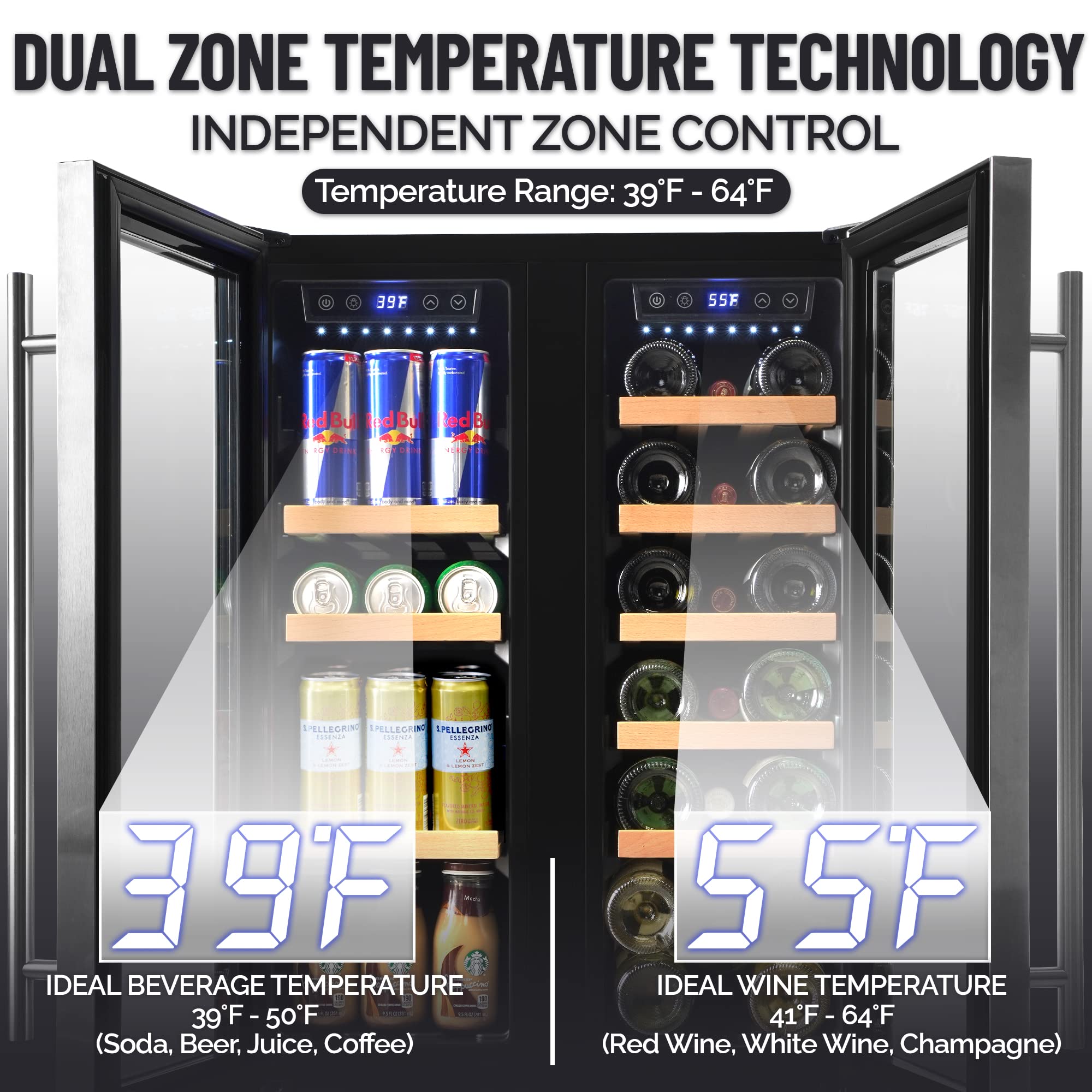 Zulay 24β Dual Zone Wine Cooler Refrigerator - Stainless Steel Beverage Refrigerator with Glass Doors for 88 Cans & 40 Bottles - Freestanding Memory Temperature Control Wine & Beverage Cooler