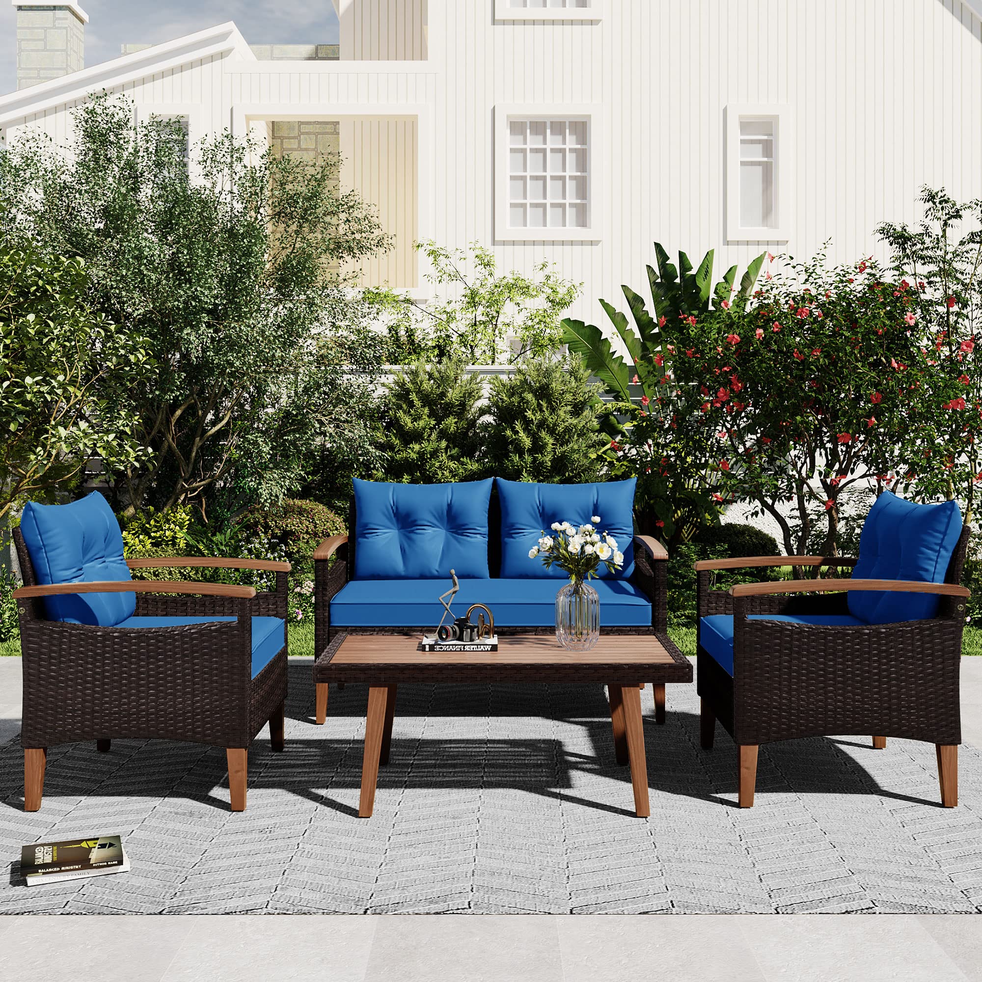 Hlcodca 4 Piece Wicker Patio Conversation Furniture Set,PE Rattan Patio Seating Set with Acacia Wood Tabletop and Legs, Outdoor Sofa Set for Balcony, Porch, Backyard (Brown and Blue/)