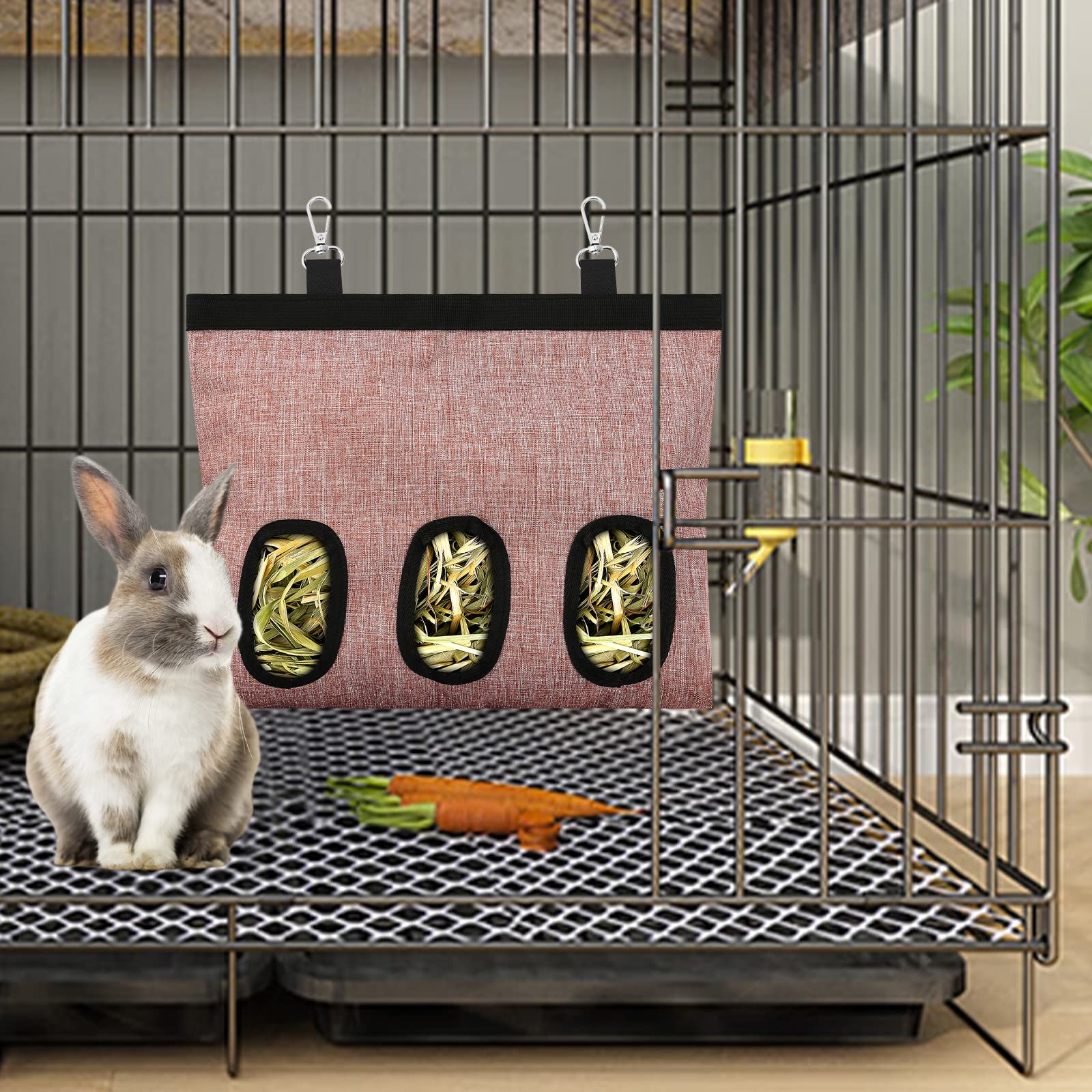 Bunny Hay Feeder Bag,Rabbit Hay Feeder Bag for Cage Guinea Pig Timothy Hay Dispenser Storage Manger Hanging Large Less Waste for Bunny (Light coffee color)