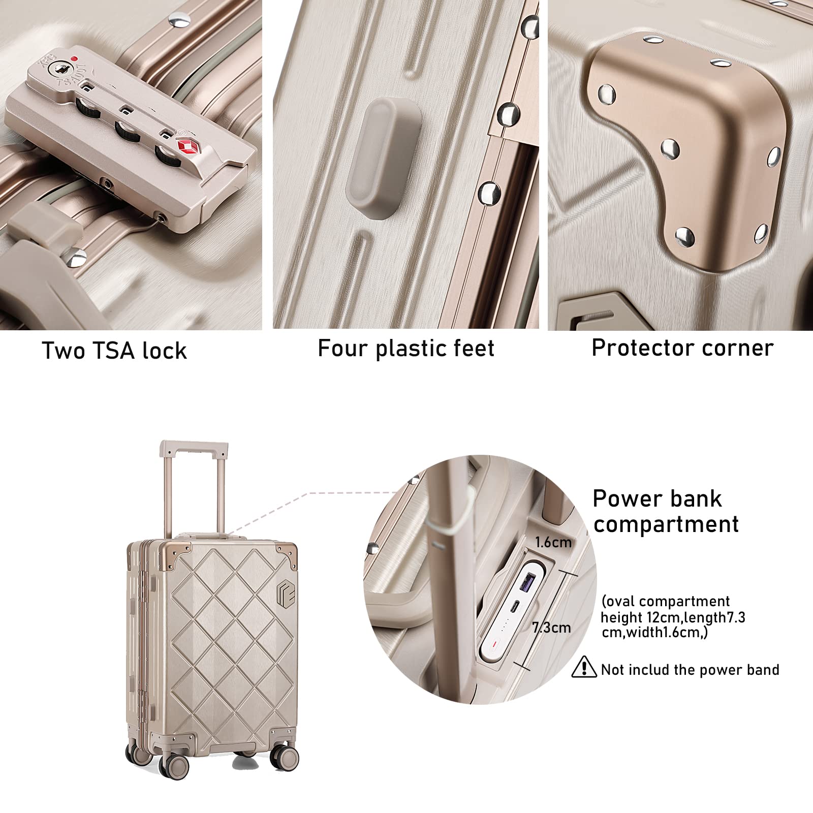 Somago Carry On Luggage with Spinner Wheels 20in Lightweight Suitcase Built in TSA Aluminum Frame PC Hardside Rolling Suitcases Travel Case (Titanium Gold)