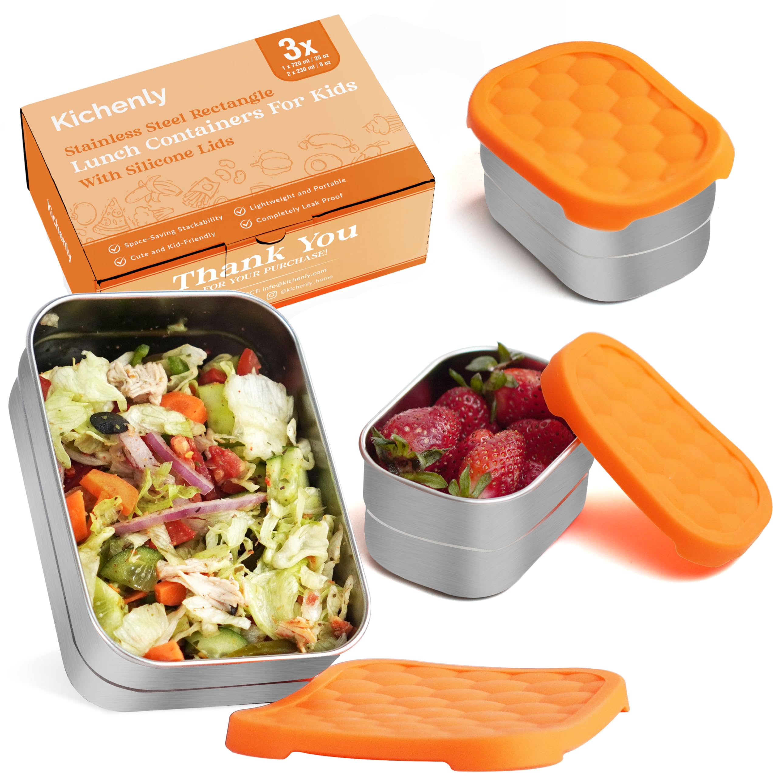 Kichenly Stainless Steel Lunch Box Containers with Silicone Lids – One 25oz and Two 8oz Containers Set – Lunch Box for Kids, Toddler Snack Containers – Perfect for School (Orange)