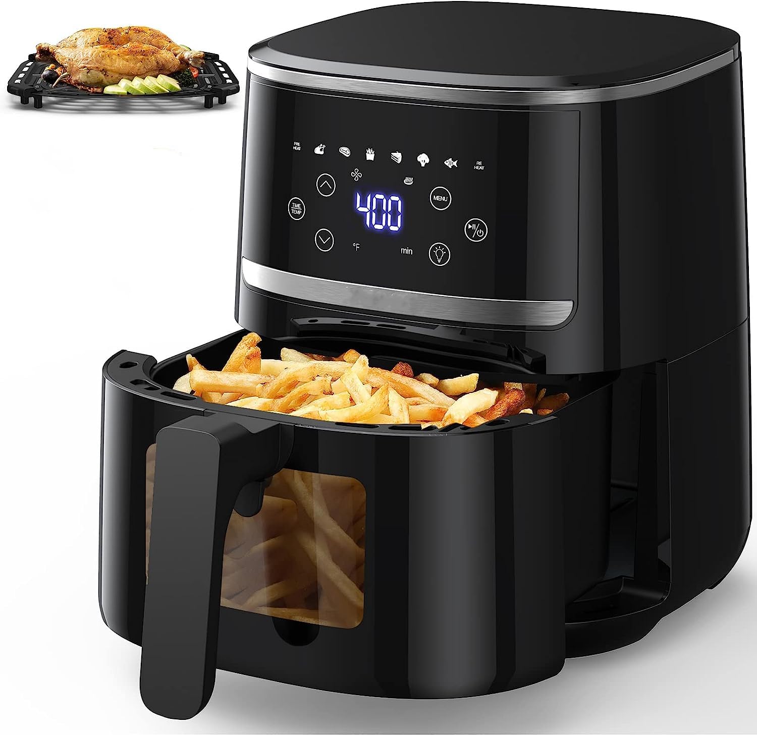 Air Fryer 5 Quart, Digital Display Air Fryer Toaster Oven Combo with 8 Cooking Presets Oilless Cooker for Quick Meal, Visible Window, UP to 400℉, Dishwasher Safe Basket, Nonstick Silicone Liner, Timer