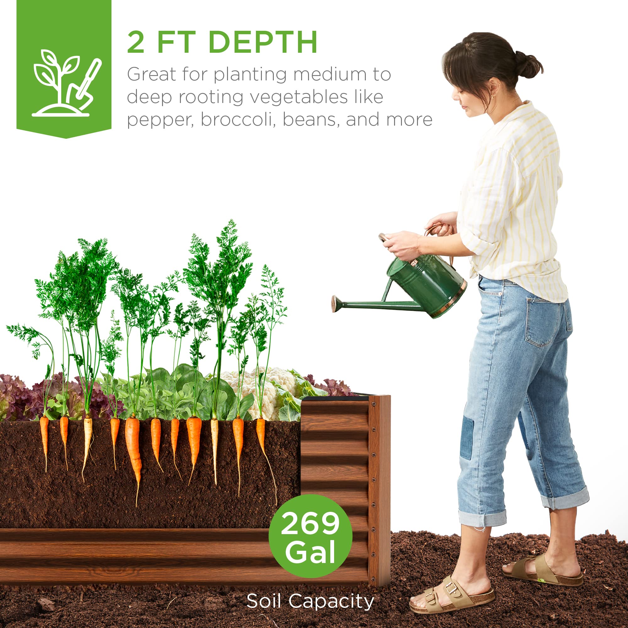 Best Choice Products 6x3x2ft Outdoor Metal Raised Garden Bed, Deep Root Box Planter for Vegetables, Flowers, Herbs, and Succulents w/ 269 Gallon Capacity - Wood Grain