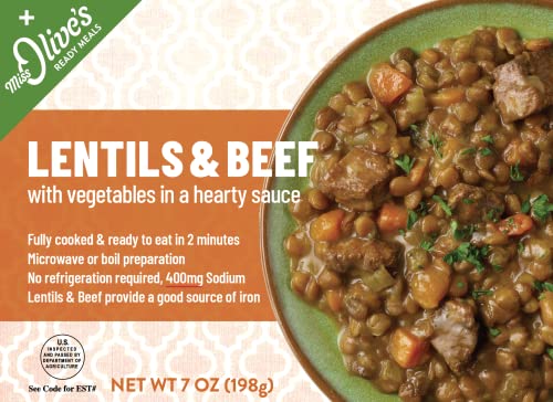 Miss Olive's Lentil & Beef with Vegetables in a Hearty Sauce, Shelf Stable, Lower Sodium Ready Meal (Pack of 6)