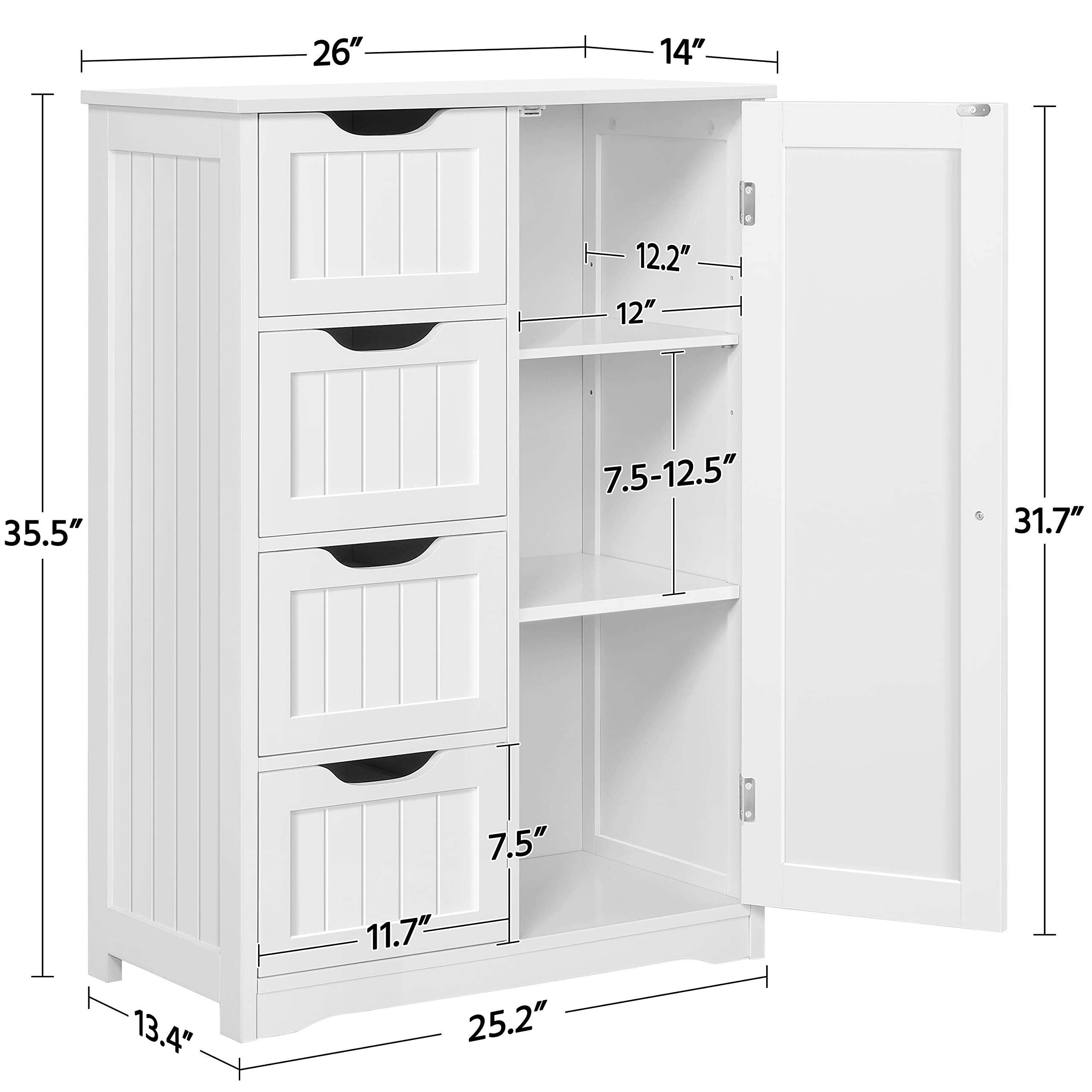 Yaheetech Large Bathroom Floor Cabinet with 4 Dawers and Single Door Cabinet, Freestanding Storage Cabinet Organizer for Bathroom Living Room Hallway, White, 26 x 14 x 35.5 in