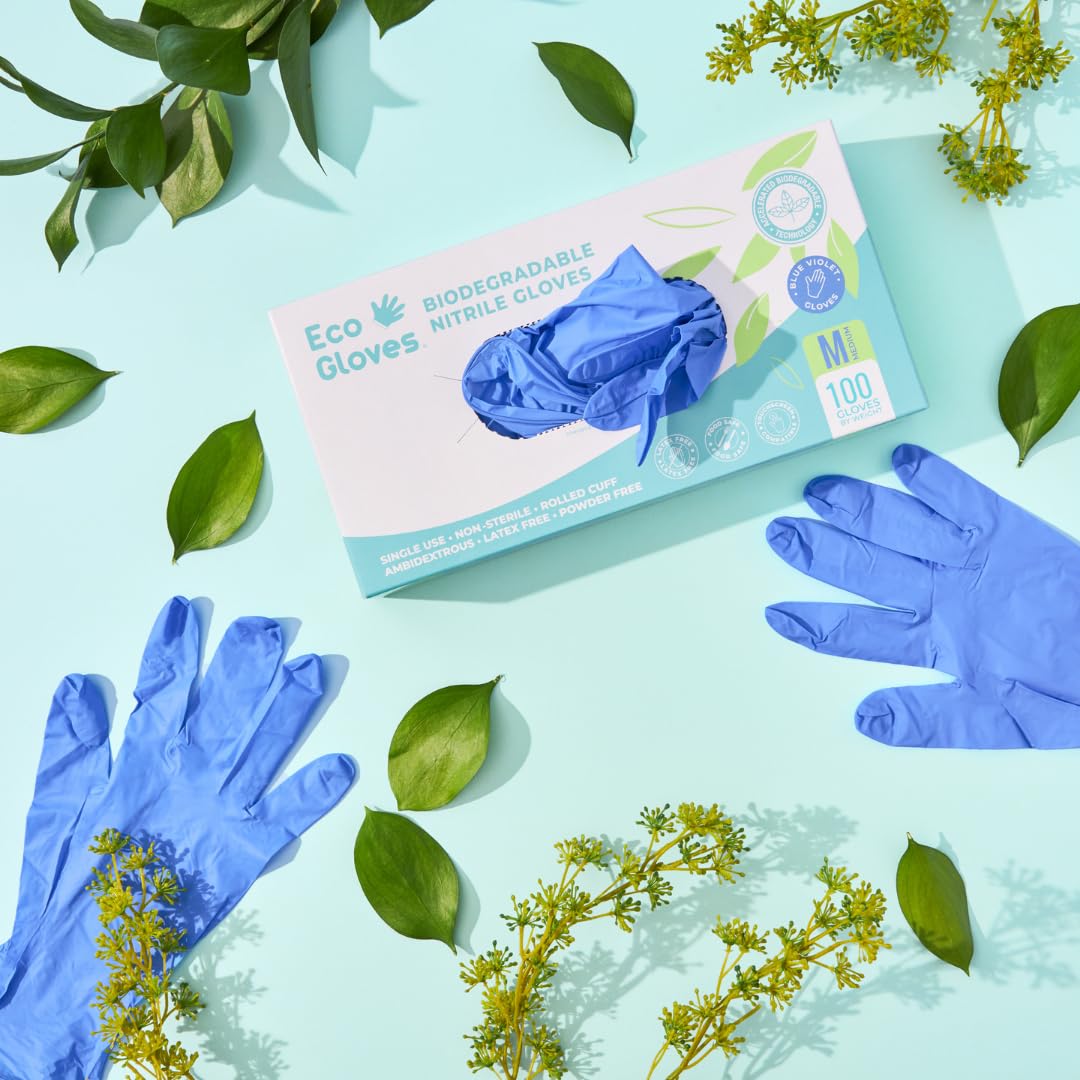 Eco Gloves Eco-friendly Biodegradable Nitrile Disposable Gloves, Powder Free, Latex Free | Food Prep, Beauty, Tattoo, Cleaning 100PCS/Box (Pack of 100, Medium)