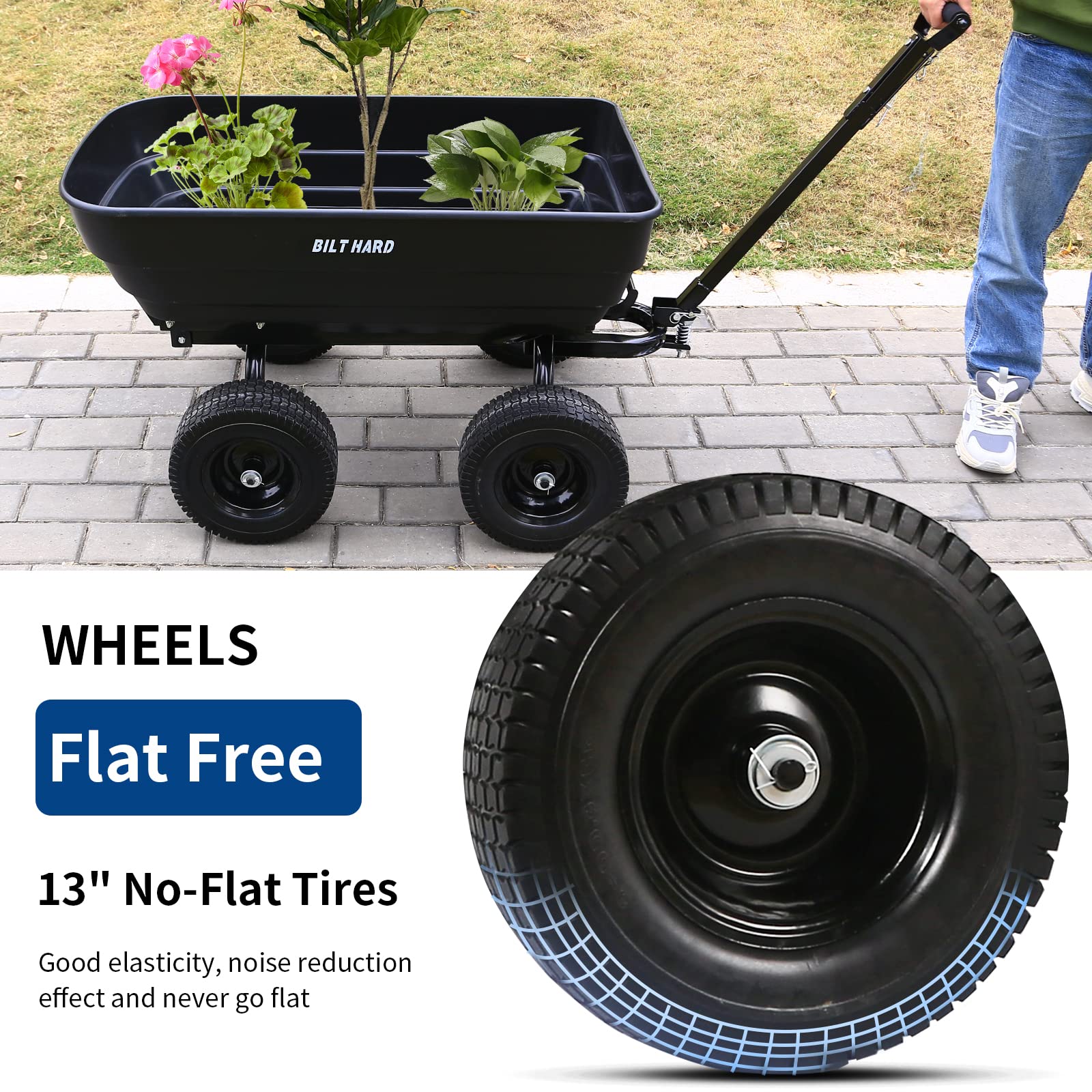 BILT HARD 7 Cu.Ft. 13" No-Flat Tires Poly Yard Dump Cart with 2-in-1 Convertible Handle, 1200 lbs Capacity Heavy Duty Lawn Tractor Cart