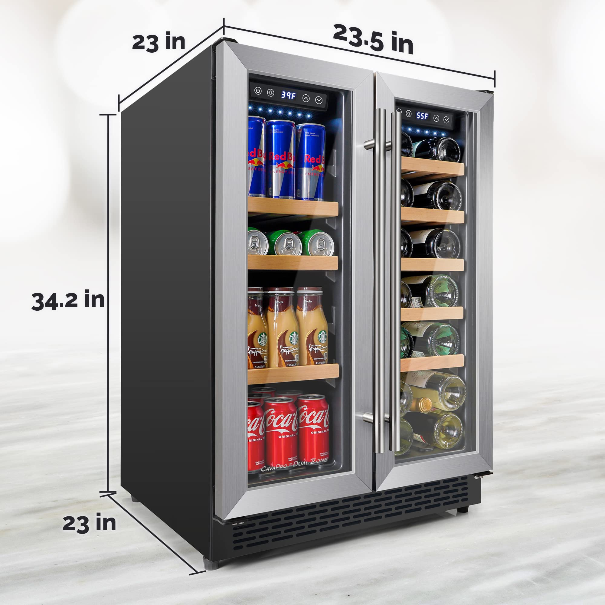 Zulay 24β Dual Zone Wine Cooler Refrigerator - Stainless Steel Beverage Refrigerator with Glass Doors for 88 Cans & 40 Bottles - Freestanding Memory Temperature Control Wine & Beverage Cooler