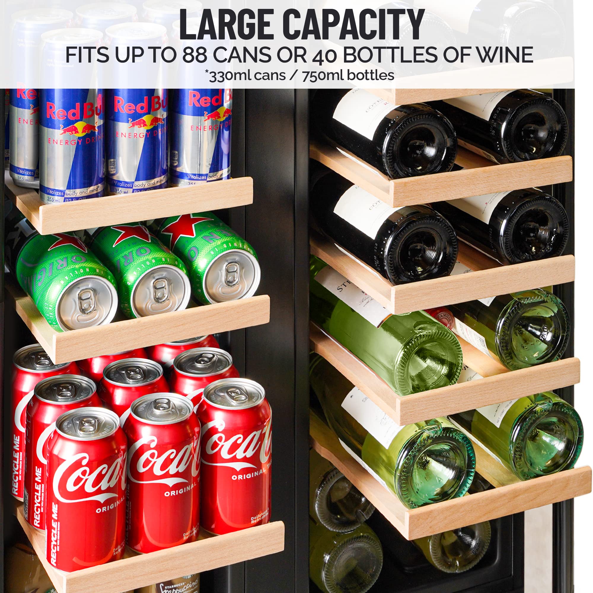 Zulay 24β Dual Zone Wine Cooler Refrigerator - Stainless Steel Beverage Refrigerator with Glass Doors for 88 Cans & 40 Bottles - Freestanding Memory Temperature Control Wine & Beverage Cooler