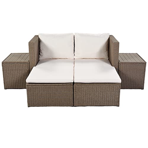 GODAFA 6 Piece Outdoor Patio Furniture Set All-Weather PE Rattan Conversation Sectional Sofa with 2 Tea Tables for Backyard Porch Poolside, Brown Wicker+Beige Cushion