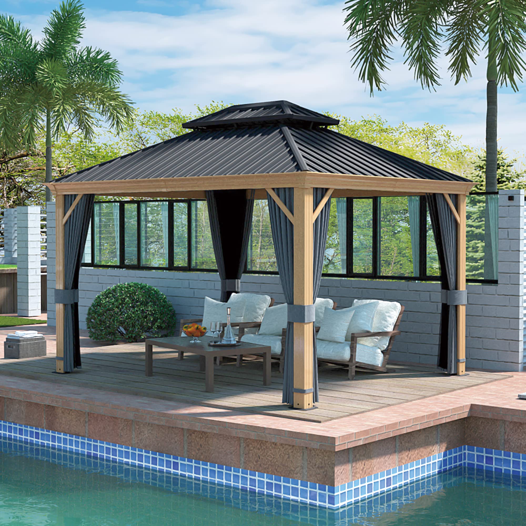 HAPPATIO 10' x 12' Hardtop Gazebo, Outdoor Wood Grain Frame Aluminum Gazebo, Double Roof Permanent Patio Gazebo Canopy with Netting and Curtains for Garden, Patio, Lawns, Parties (Grey)
