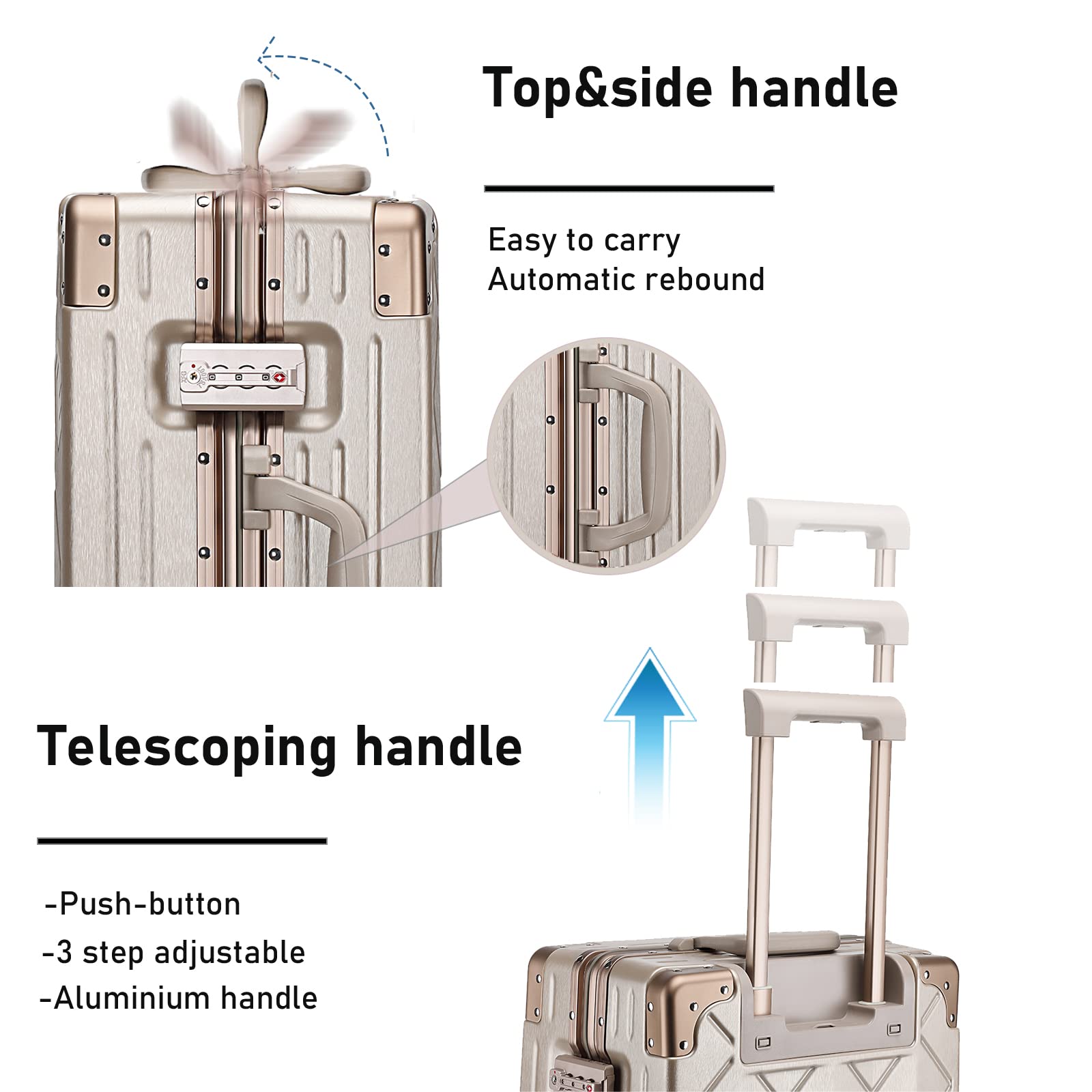 Somago Carry On Luggage with Spinner Wheels 20in Lightweight Suitcase Built in TSA Aluminum Frame PC Hardside Rolling Suitcases Travel Case (Titanium Gold)