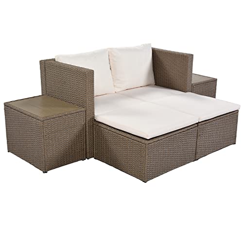 GODAFA 6 Piece Outdoor Patio Furniture Set All-Weather PE Rattan Conversation Sectional Sofa with 2 Tea Tables for Backyard Porch Poolside, Brown Wicker+Beige Cushion