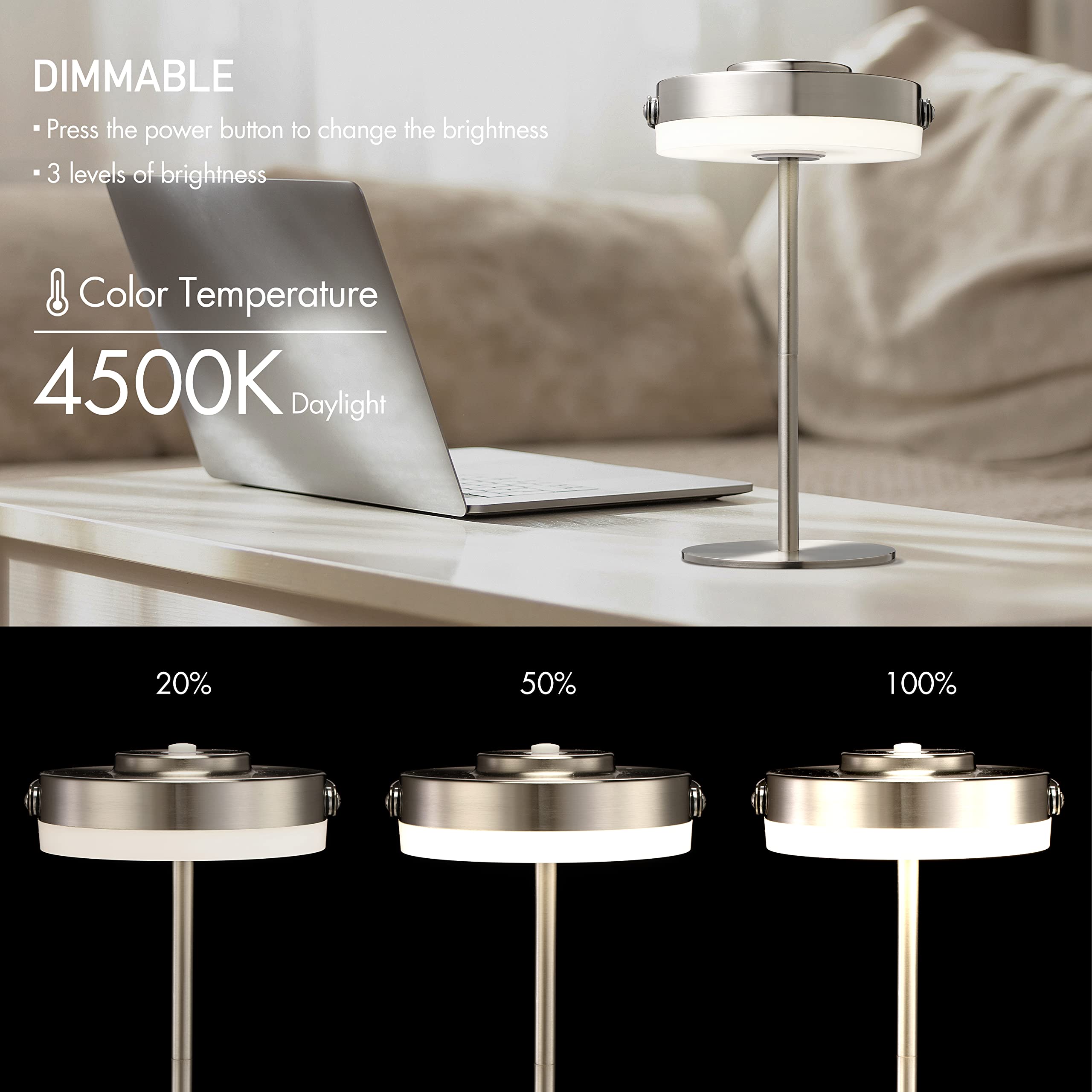 O’Bright Thurlow - Portable LED Lamp for Outdoor / Indoor, Built-in Rechargeable Battery, IP44 Water Resistant, Travel Light, Camping Lantern, Patio Table Lamp, Night Lamp, Brushed Nickel