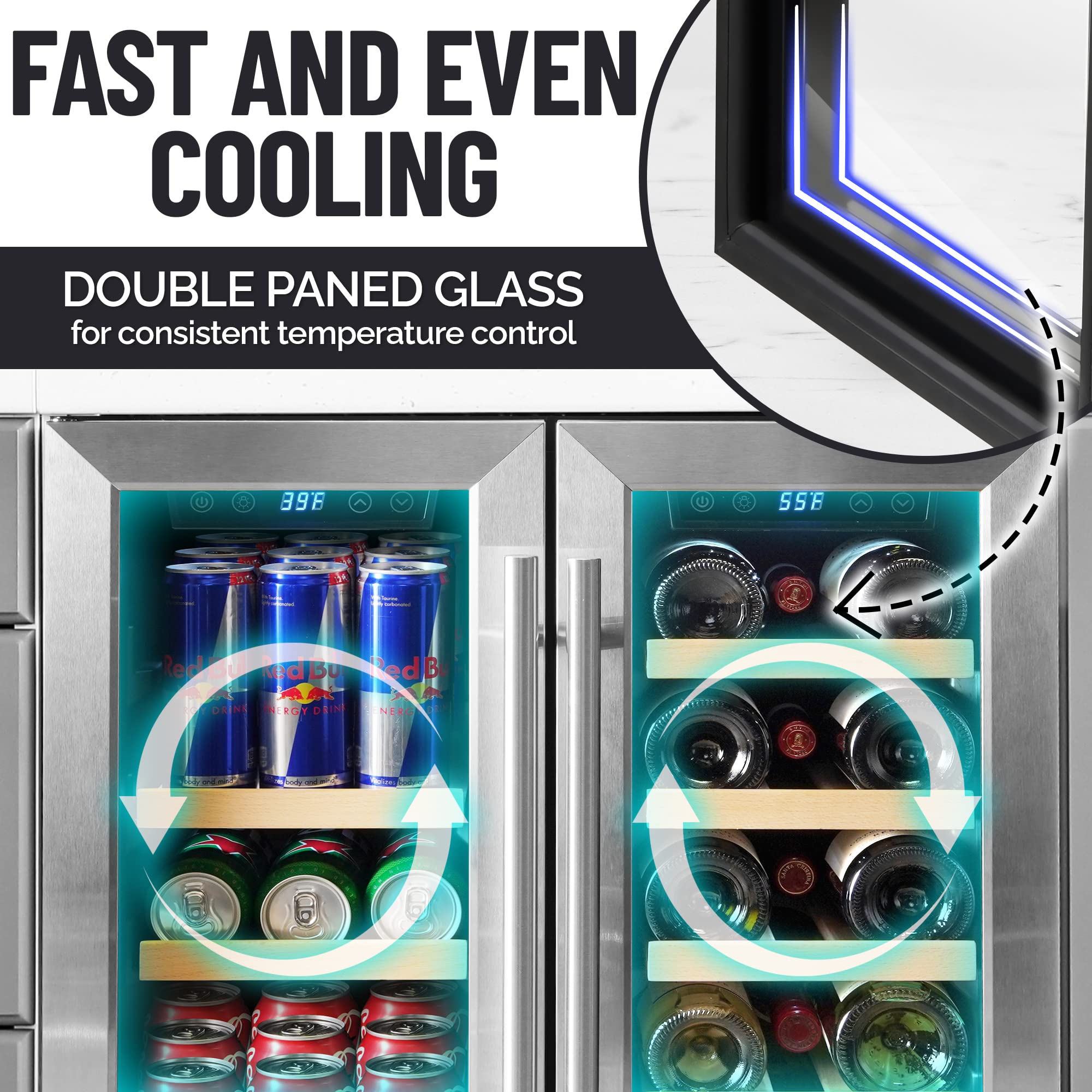 Zulay 24β Dual Zone Wine Cooler Refrigerator - Stainless Steel Beverage Refrigerator with Glass Doors for 88 Cans & 40 Bottles - Freestanding Memory Temperature Control Wine & Beverage Cooler