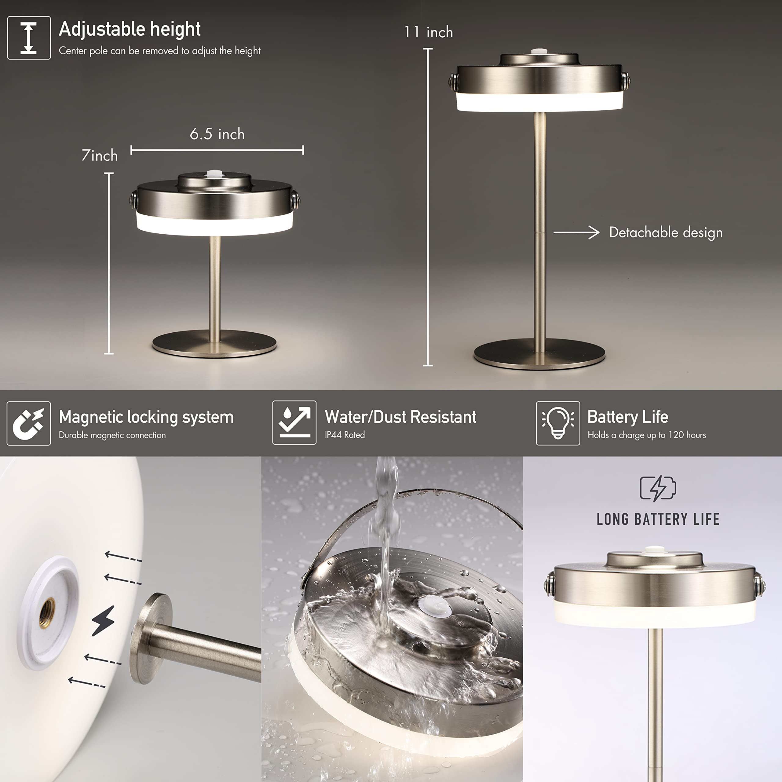 O’Bright Thurlow - Portable LED Lamp for Outdoor / Indoor, Built-in Rechargeable Battery, IP44 Water Resistant, Travel Light, Camping Lantern, Patio Table Lamp, Night Lamp, Brushed Nickel