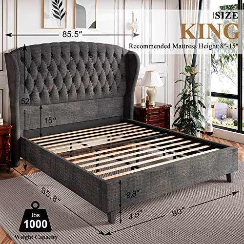 Jocisland Upholstered Bed Frame King Size Wingback Platform Bed Frame Tufted and Headboard Tall Linen Bed Frame/No Box Spring Needed/Wood Slat (Dark Grey)