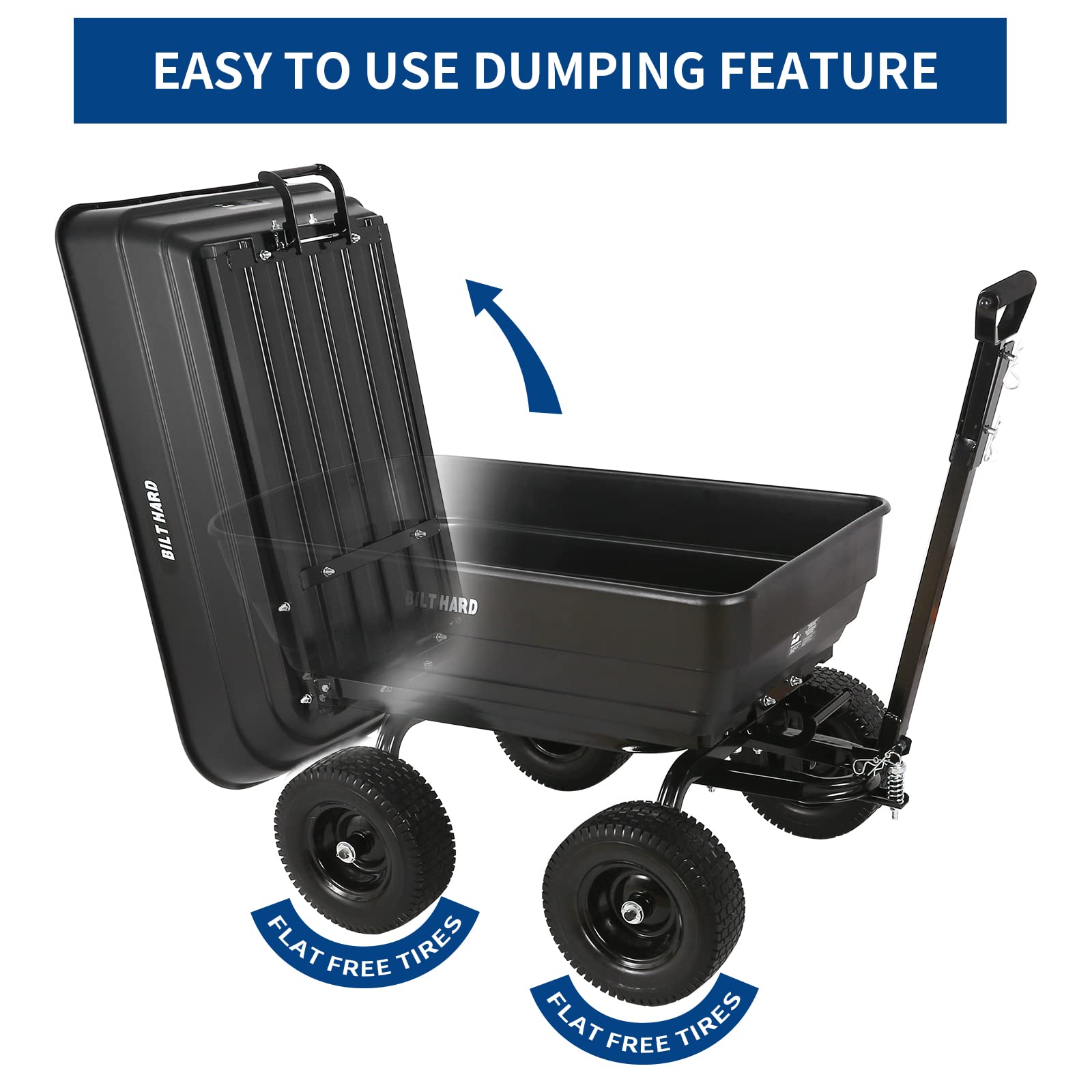 BILT HARD 7 Cu.Ft. 13" No-Flat Tires Poly Yard Dump Cart with 2-in-1 Convertible Handle, 1200 lbs Capacity Heavy Duty Lawn Tractor Cart