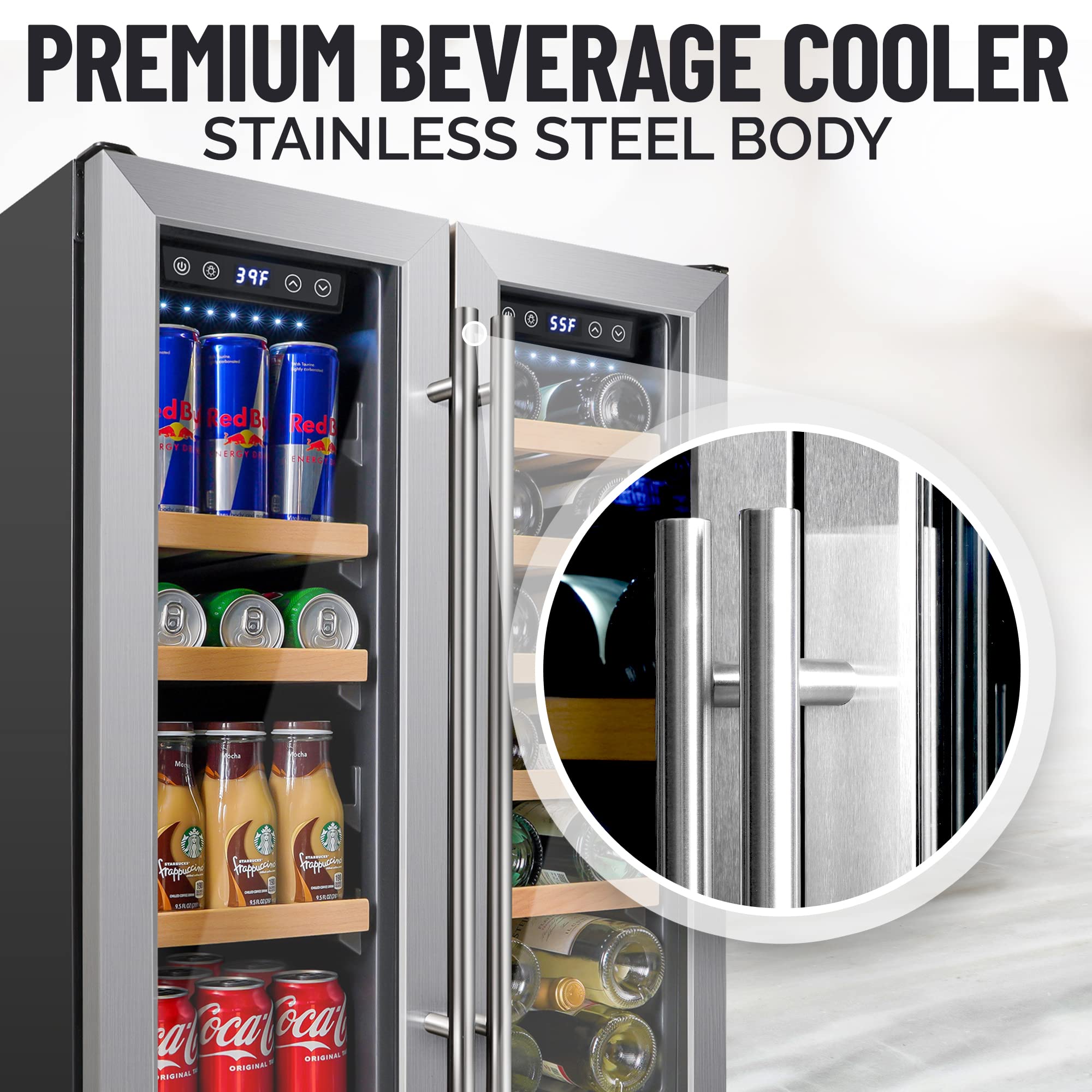 Zulay 24β Dual Zone Wine Cooler Refrigerator - Stainless Steel Beverage Refrigerator with Glass Doors for 88 Cans & 40 Bottles - Freestanding Memory Temperature Control Wine & Beverage Cooler