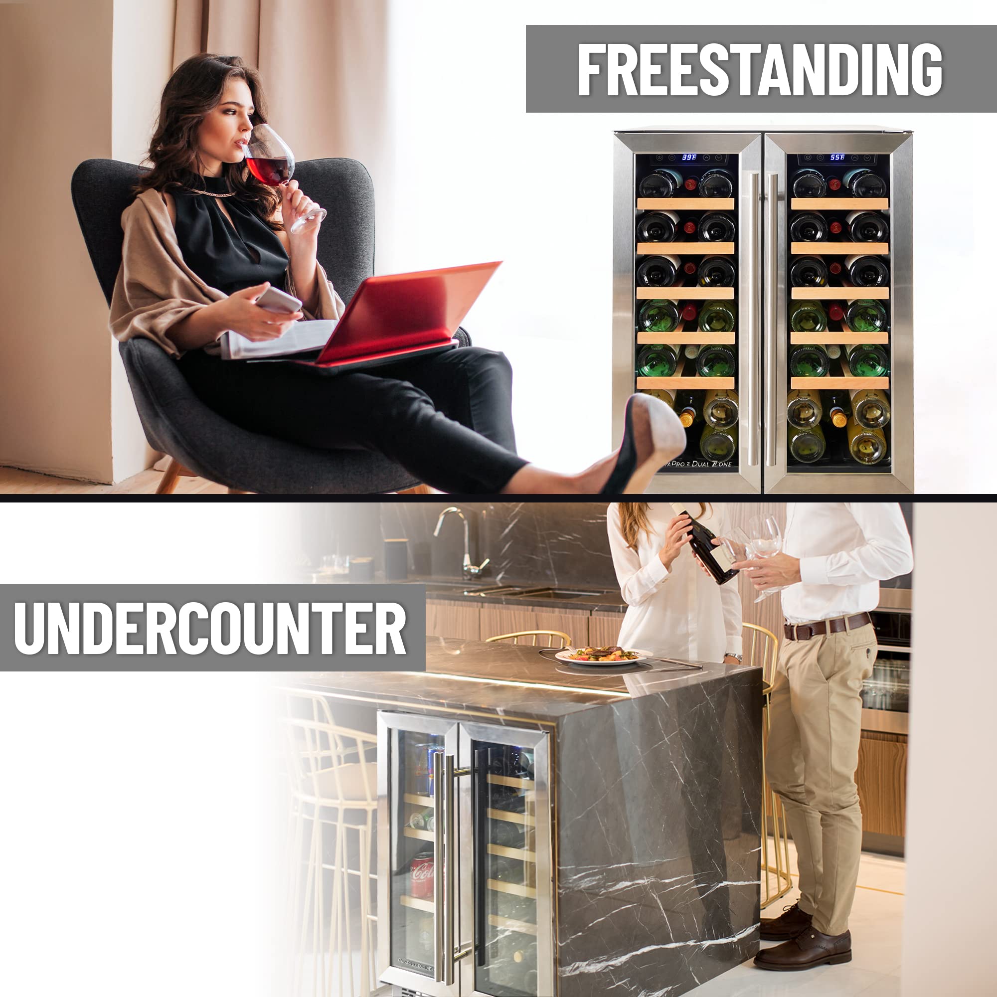 Zulay 24β Dual Zone Wine Cooler Refrigerator - Stainless Steel Beverage Refrigerator with Glass Doors for 88 Cans & 40 Bottles - Freestanding Memory Temperature Control Wine & Beverage Cooler