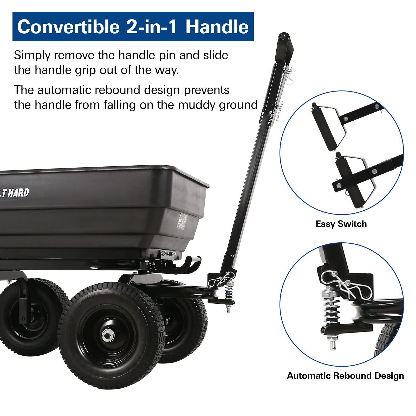 BILT HARD 7 Cu.Ft. 13" No-Flat Tires Poly Yard Dump Cart with 2-in-1 Convertible Handle, 1200 lbs Capacity Heavy Duty Lawn Tractor Cart