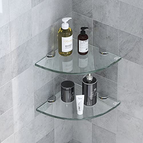 SHUAIAIW Bathroom Corner Organizer Shelves Shower Caddy Shelf Wall Mount Set of 2 Tempered Glass Shelf Shower Holder for Shampoo and Soap Organizer Adhesive Corner Shelf No Drilling