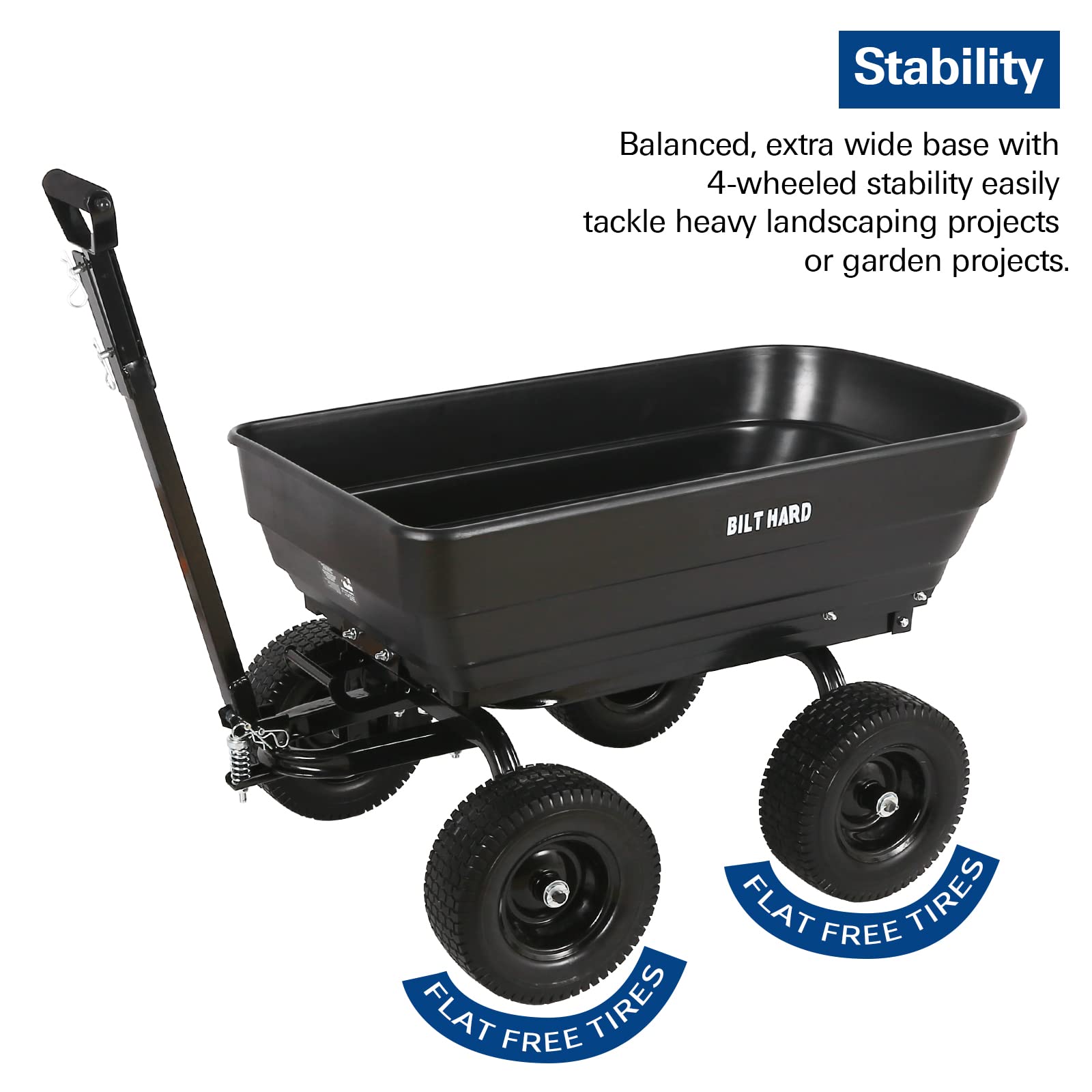 BILT HARD 7 Cu.Ft. 13" No-Flat Tires Poly Yard Dump Cart with 2-in-1 Convertible Handle, 1200 lbs Capacity Heavy Duty Lawn Tractor Cart
