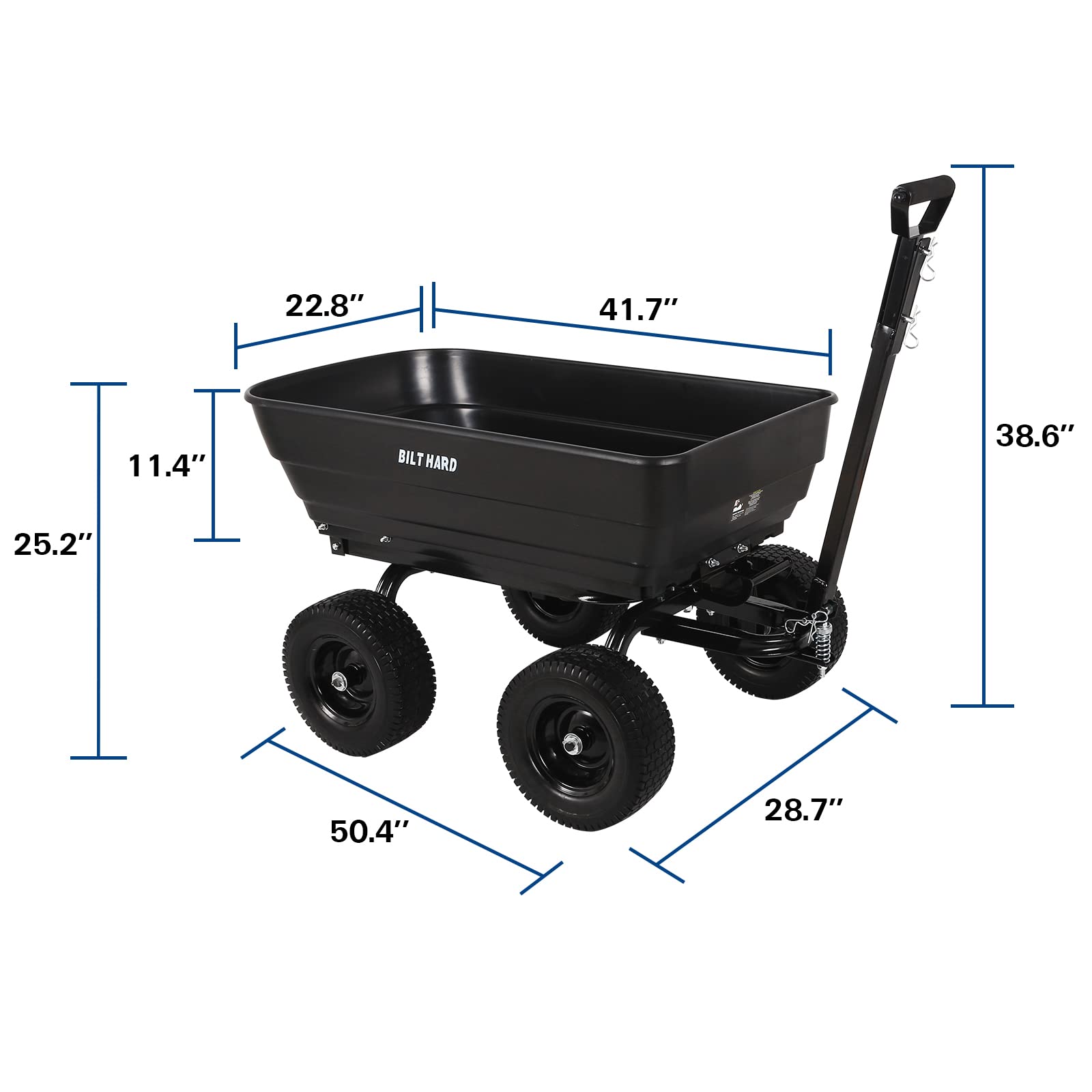 BILT HARD 7 Cu.Ft. 13" No-Flat Tires Poly Yard Dump Cart with 2-in-1 Convertible Handle, 1200 lbs Capacity Heavy Duty Lawn Tractor Cart