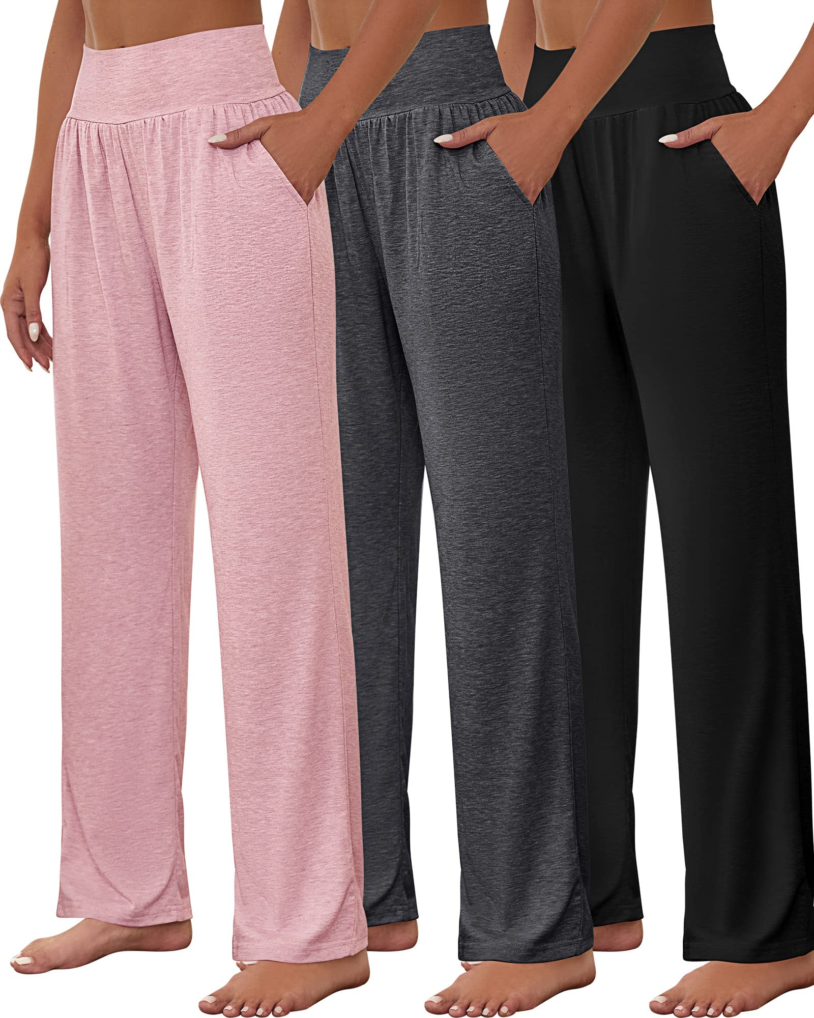 Neer 3 Pcs Women's Wide Leg Yoga Pant Comfy Loose High Waist Lounge Waist Lounge Casual Athletic Workout Joggers Apparel(Large,Black, Dark Gray, Pink)