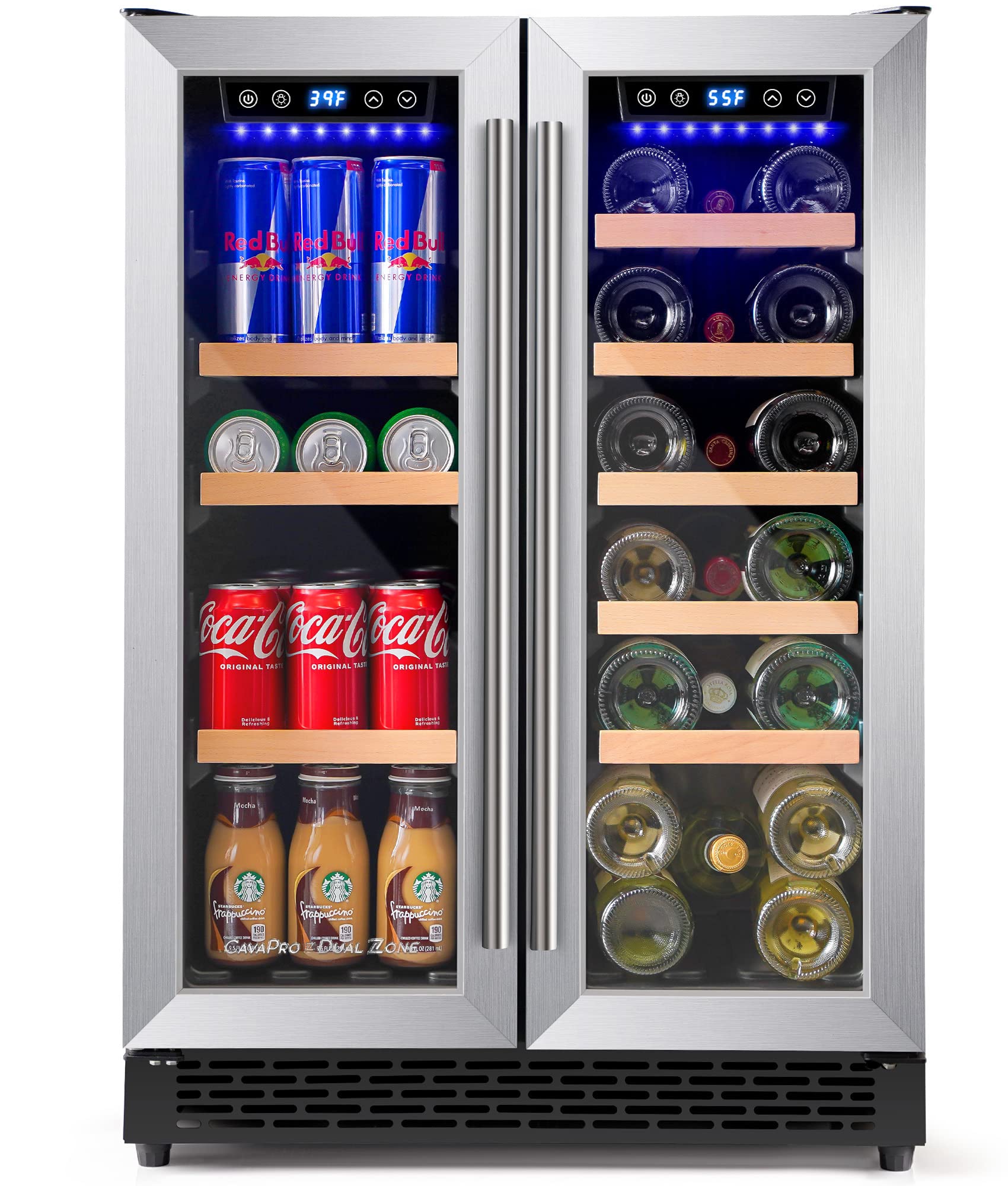 Zulay 24â Dual Zone Wine Cooler Refrigerator - Stainless Steel Beverage Refrigerator with Glass Doors for 88 Cans & 40 Bottles - Freestanding Memory Temperature Control Wine & Beverage Cooler
