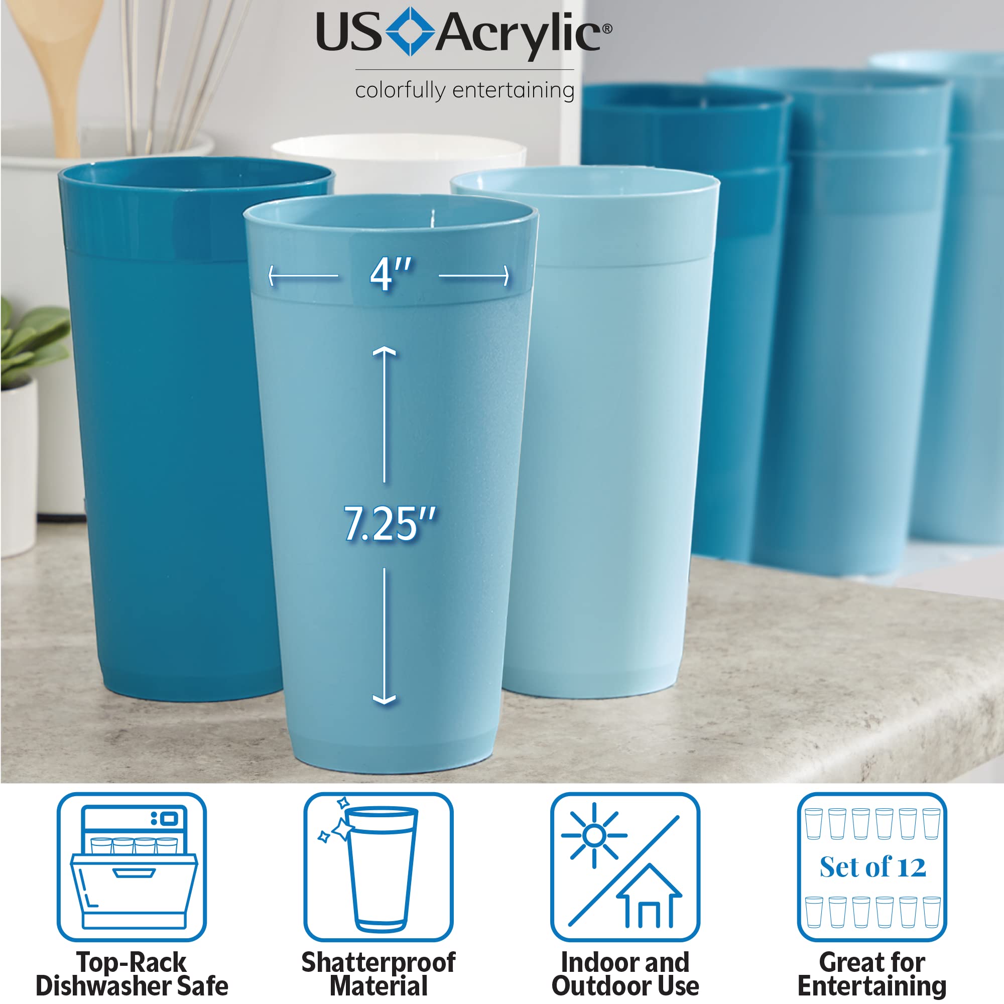 US Acrylic Newport 32 ounce Unbreakable Plastic Stackable Iced-Tea Tumblers in Blue Sky | Set of 12 Drinking Cups | Reusable, BPA-free, Made in the USA, Top-rack Dishwasher and Microwave Safe