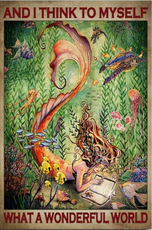 Metal Tin Sign Retro Wall Decor Mermaid On The Ocean – and I Think to Myself, That A Wonderful World - Home Decor Wall Art,Novelty Sign Vintage Metal Tin Sign Wall Sign Plaque Poster 8x12inches