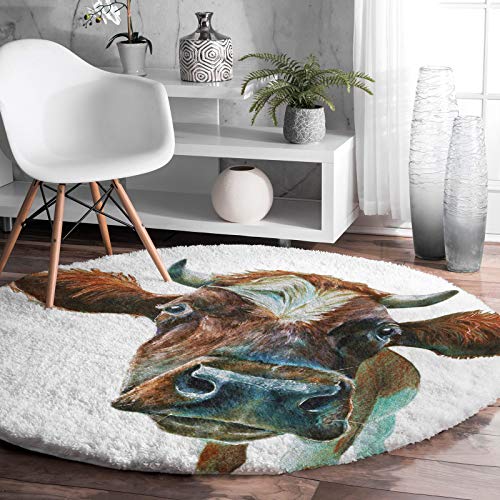 Fantasy Staring Round Fluffy Area Rugs for Living Room Kids Room- Western Texas Farm Animals Cattle Contemporary Rug Soft Throw Rug Modern Home Decor Carpet, 5ft