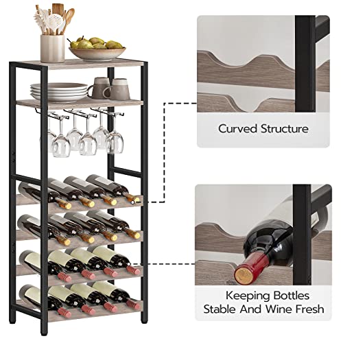 HOOBRO Freestanding Wine Rack, 16-Bottle Wine Storage Rack with Tabletop and Glass Holder, 6-Tier Bar Rack, for Kitchen, Bar, Dining Room, Greige and Black BG04JJ01
