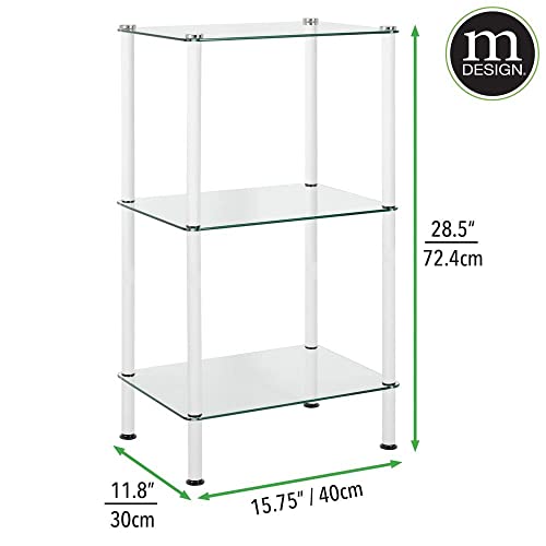 mDesign Metal/Glass 3-Tier Storage Tower, Narrow Shelving Display Unit, Open Glass Shelves; Multi-Use Stand for Living Room, Bathroom, Home Office, Hallway, Bedroom Organization - White/Clear
