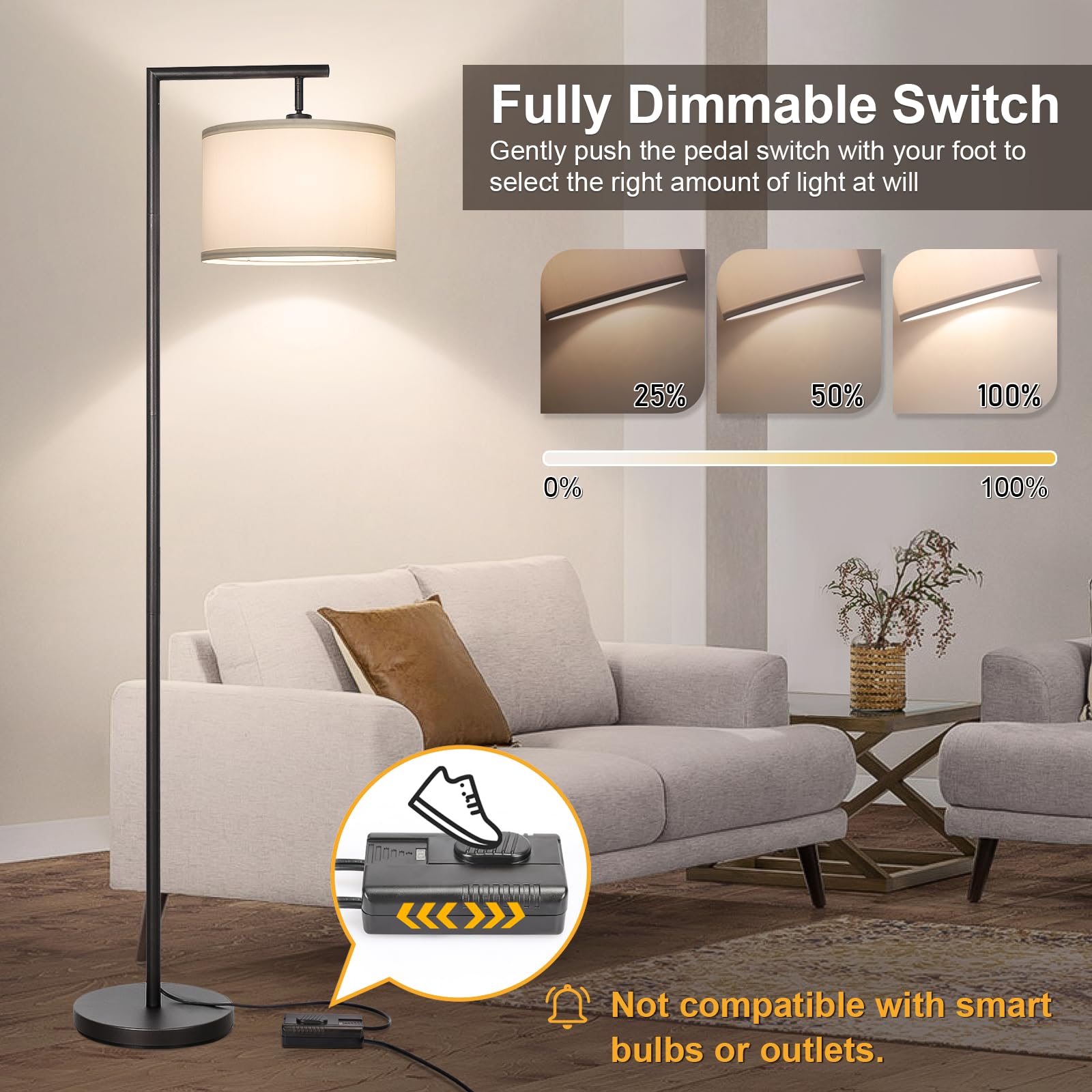 Boncoo Black Floor Lamp, Dimmable Floor Lamp for Living Room, Modern Standing Lamp with Adjustable Drum Shade, Tall Reading Light Corner Lamp Suitable for Couch, Bedroom, Office (Bulb Included)
