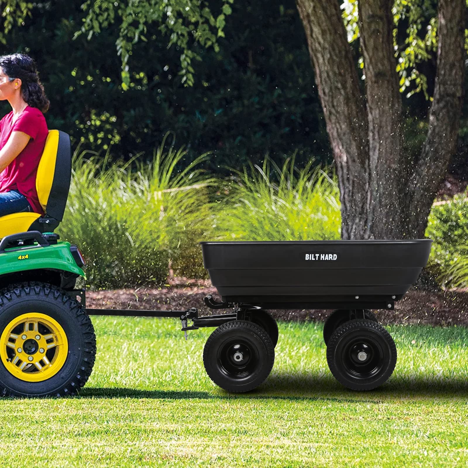 BILT HARD 7 Cu.Ft. 13" No-Flat Tires Poly Yard Dump Cart with 2-in-1 Convertible Handle, 1200 lbs Capacity Heavy Duty Lawn Tractor Cart