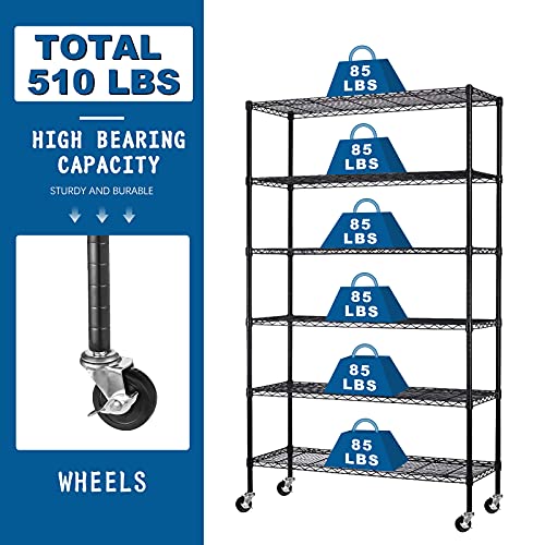 Hudada Garage Shelving 48 inch L×18 inch W×82 inch H Wire Shelving with Wheels Metal Storage Shelves Heavy Duty 6 Tier Adjustable Shelving with Casters for Restaurant Pantry Kitchen Rack - Black