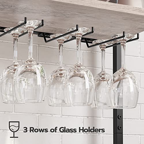 HOOBRO Freestanding Wine Rack, 16-Bottle Wine Storage Rack with Tabletop and Glass Holder, 6-Tier Bar Rack, for Kitchen, Bar, Dining Room, Greige and Black BG04JJ01