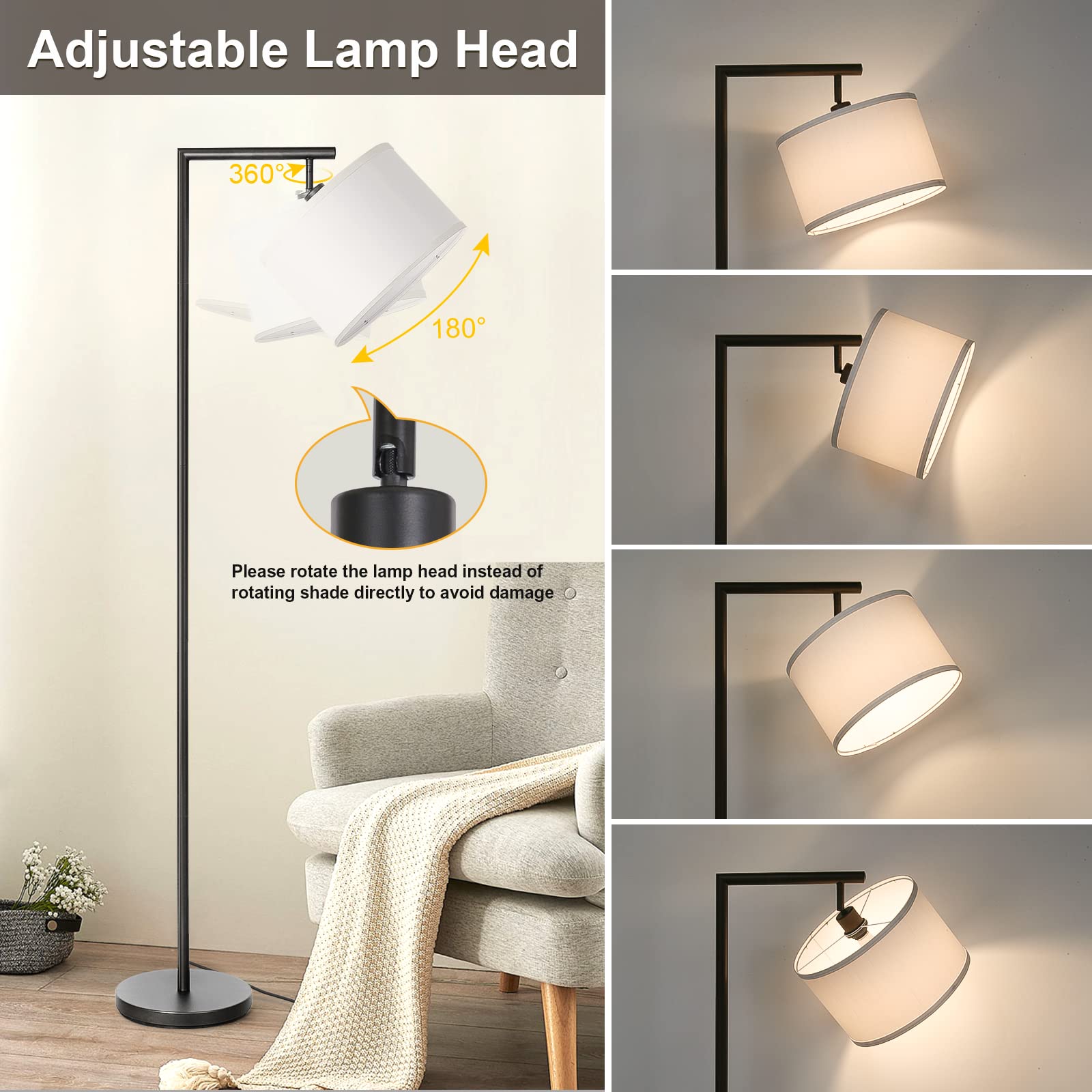 Boncoo Black Floor Lamp, Dimmable Floor Lamp for Living Room, Modern Standing Lamp with Adjustable Drum Shade, Tall Reading Light Corner Lamp Suitable for Couch, Bedroom, Office (Bulb Included)