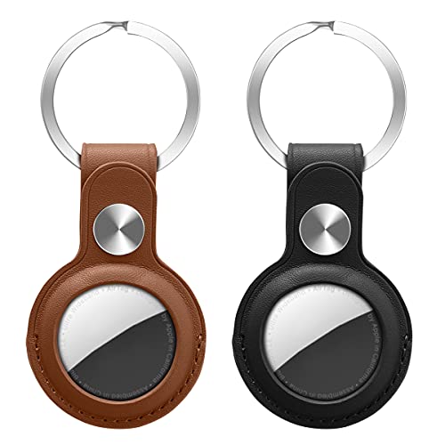 LAUDTEC AirTag Case Leather Key Ring 2 Packs, AirTag Keychain Protective Cover for Apple AirTag Finder Location Tracker AirTags Holder Keyring Loop Anti-Scratch for Keys, Backpacks, Pet Dog Collar
