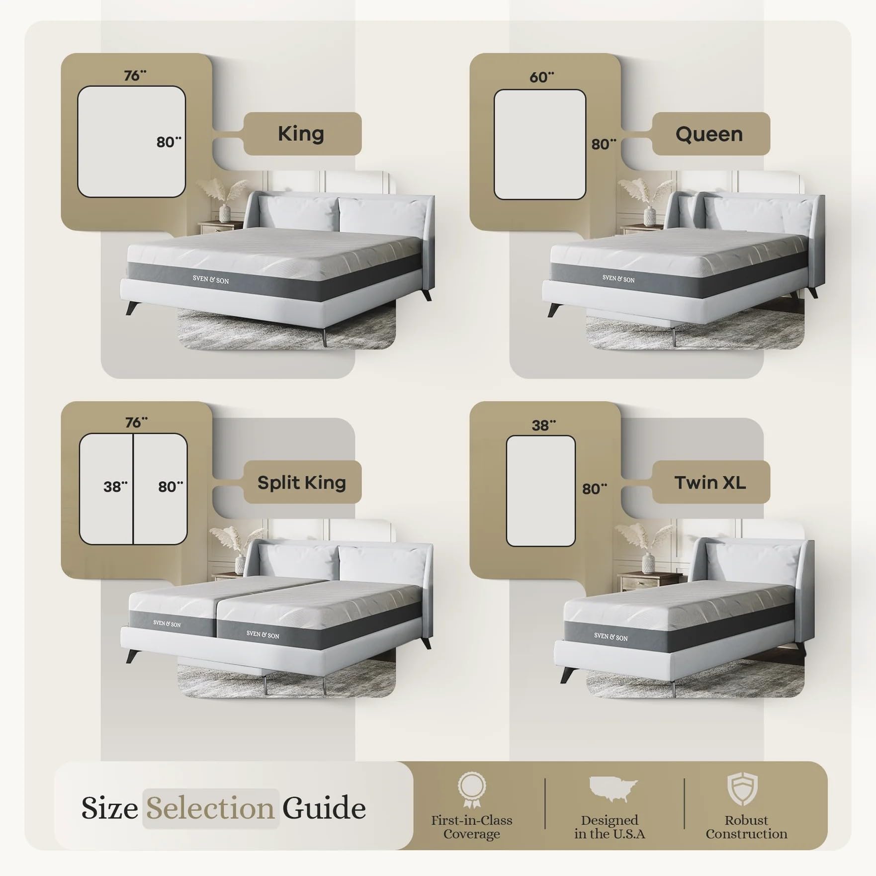 Sven & Son Luxury Hybrid Spring Mattress, Premium Materials, CertiPUR-US, Made in The USA, 14 inch Medium Soft - Split King