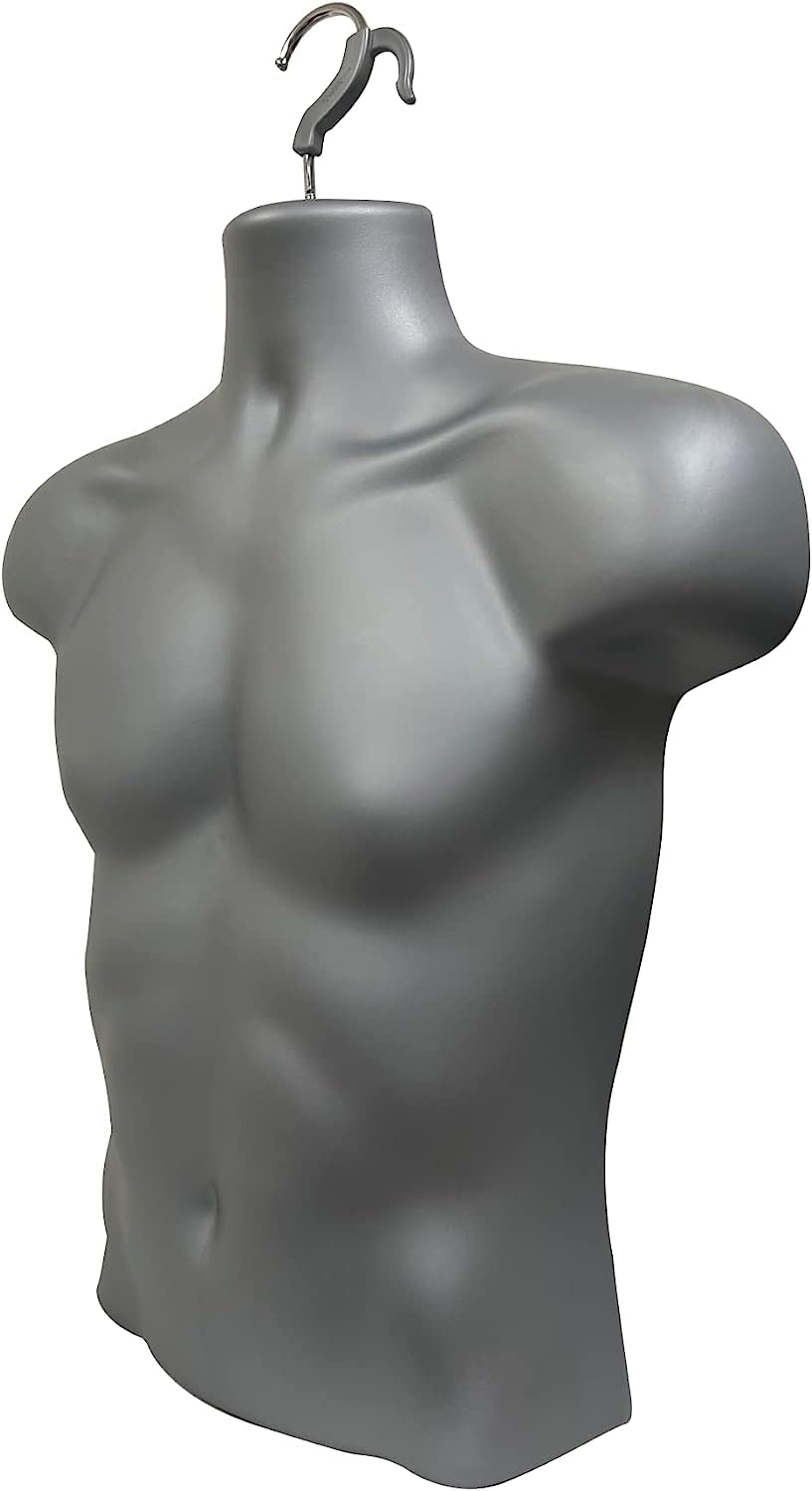 DisplayTown Gray Male + Gray Female Mannequin Injection Forms Half Rounded Waist Body Torso Dress Form with Only Hanging Hook, S-M Sizes