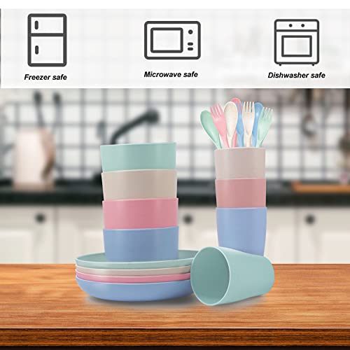 Plastic Plates and Bowls Sets, 20pcs Wheat Straw Dinnerware Sets, Kitchen Plates Cups and Bowls Set, Camping Reusable Plates and Bowls Sets, TIMDAM Lightweight Bowls, Unbreakable Dinner Plates