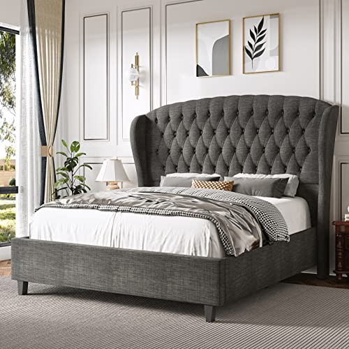 Jocisland Upholstered Bed Frame King Size Wingback Platform Bed Frame Tufted and Headboard Tall Linen Bed Frame/No Box Spring Needed/Wood Slat (Dark Grey)