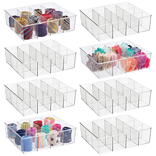 mDesign Plastic 12 Compartment Divided Drawer and Closet Storage Bin - Organizer for Scarves, Socks, Ties Bras, and Underwear - Dress Drawer, Shelf Organizer - Lumiere Collection - 8 Pack - Clear